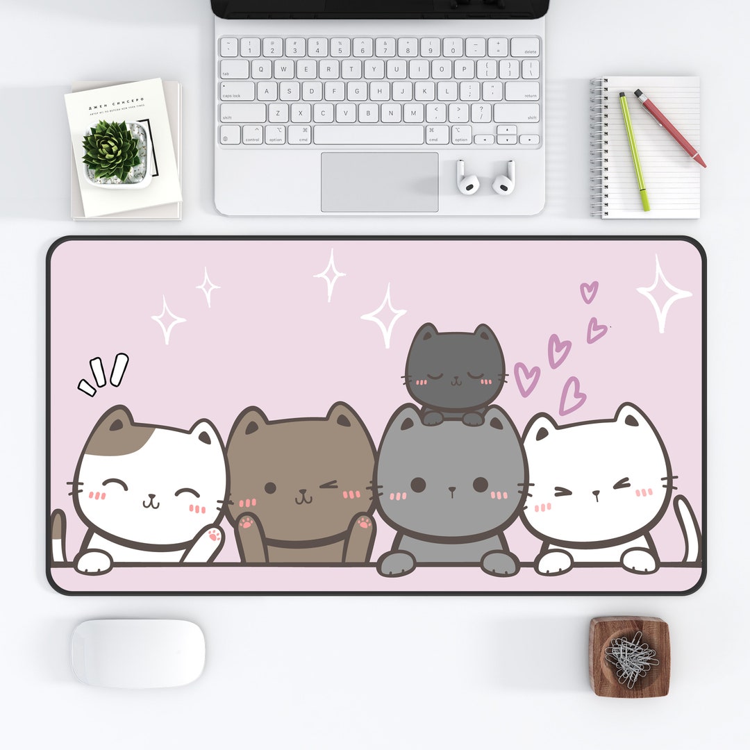 Cat Desk Mat, Cute Cartoon Kawaii Style Cats, Pink Anime Desk Mat, Cat ...