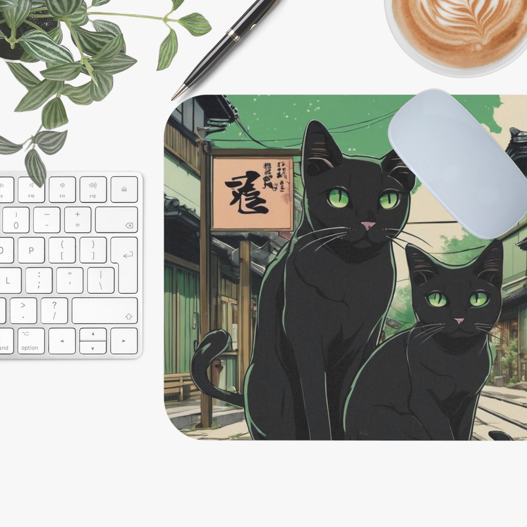 Cute Cat Mouse Pad, Anime Black Cat Mouse Pad, Japanese Aesthetic ...