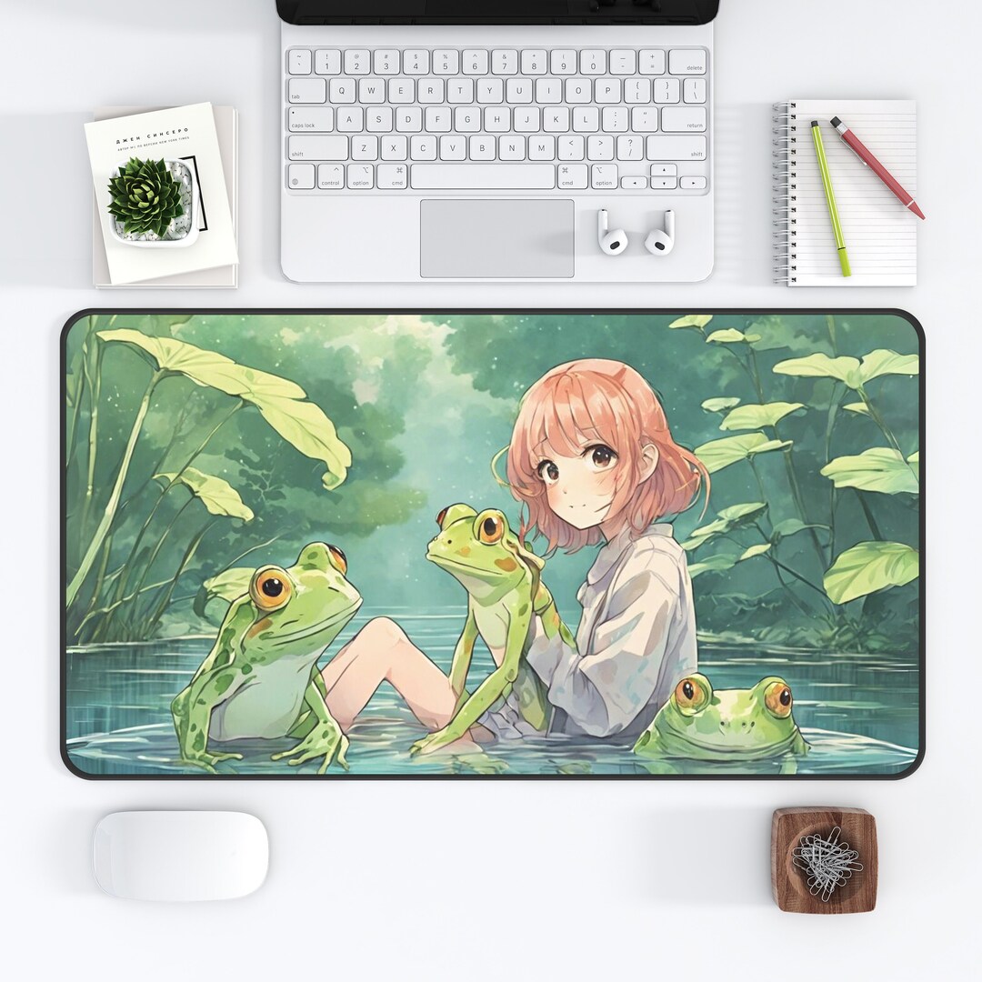 Frog Desk Mat, Cute Anime Style Girl With Frogs in a Pond, Kawaii Desk ...