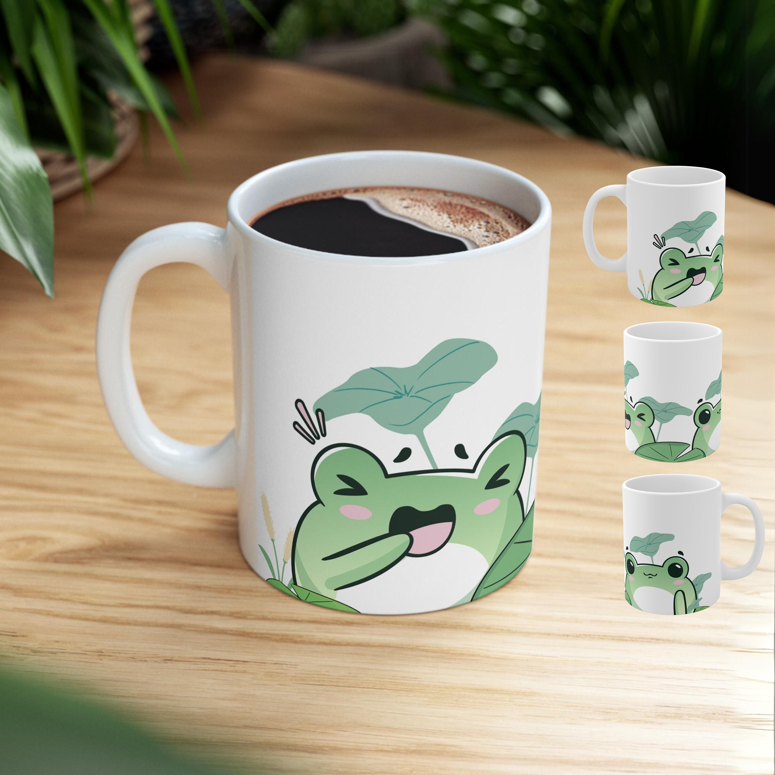 Frog Mug, Green Kawaii Frog Design on Ceramic Mug, Gift for Frog Lover ...