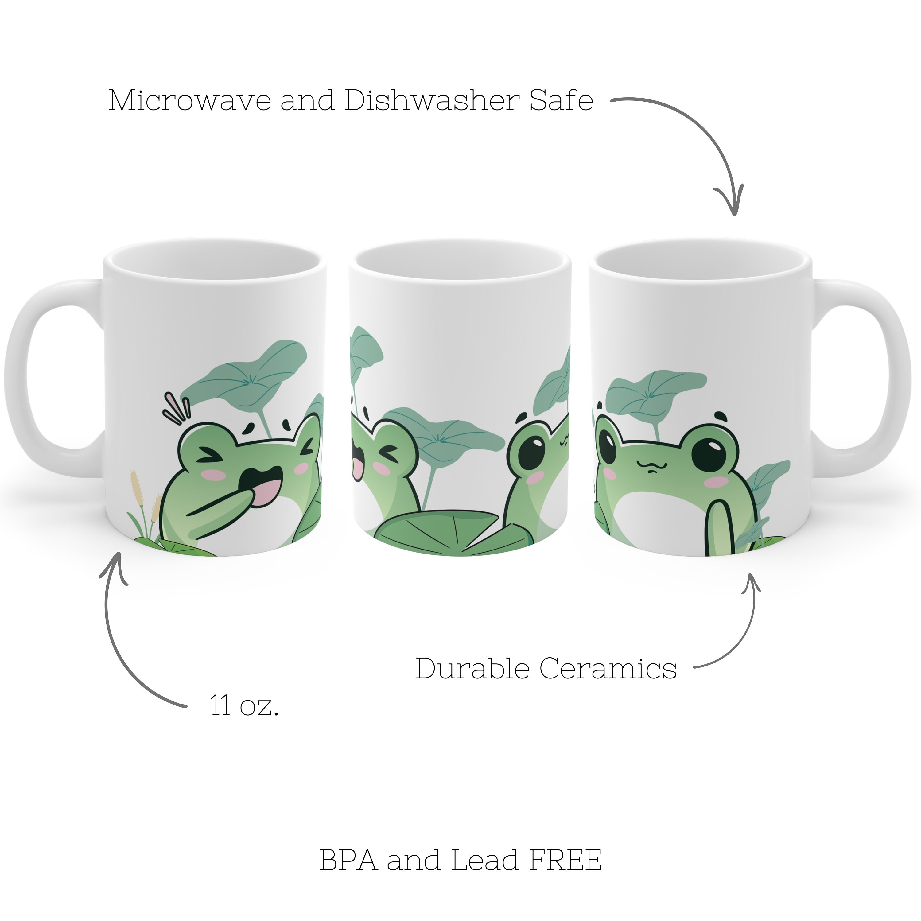 Frog Mug, Green Kawaii Frog Design on Ceramic Mug, Gift for Frog Lover ...