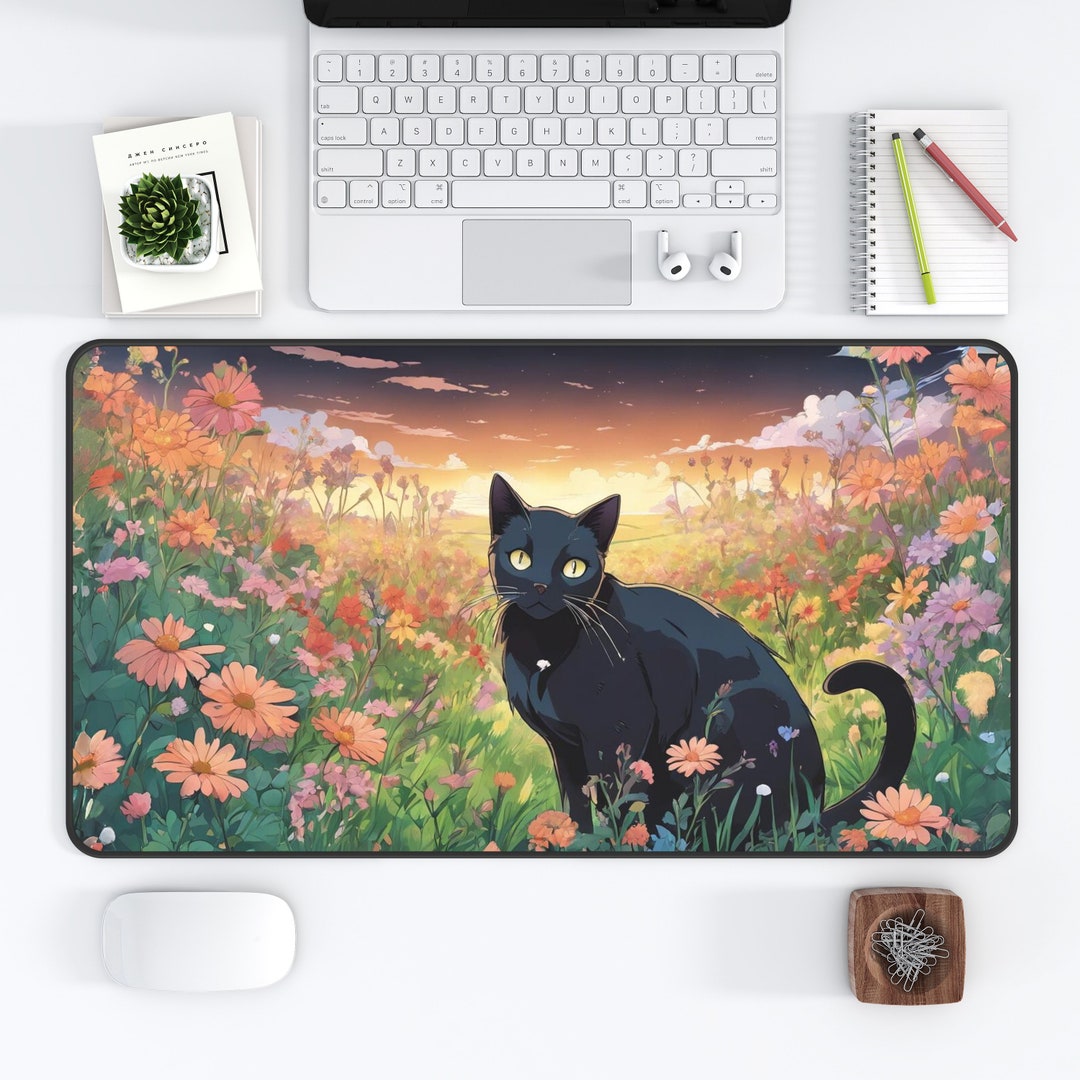 Cat Desk Mat, Cute Anime Style Black Cat in a Flower Field, Kawaii Desk ...