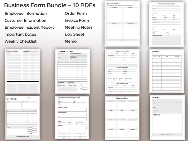 Essential Business Forms Bundle - 10 Instant Download Office Form Pdfs ...