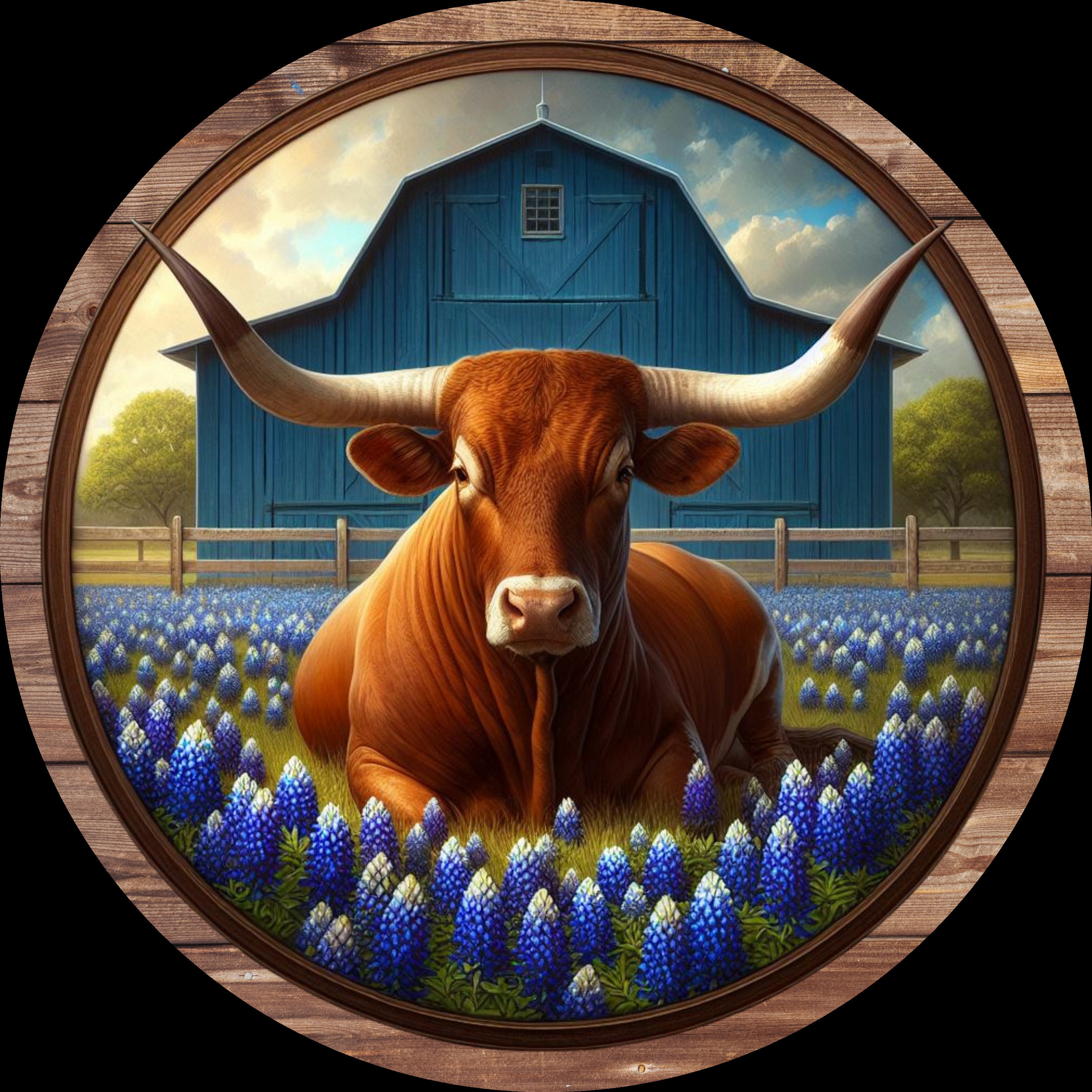Texas Longhorn in Bluebonnet Field Round Wreath Sign, Farm Wreath Sign ...