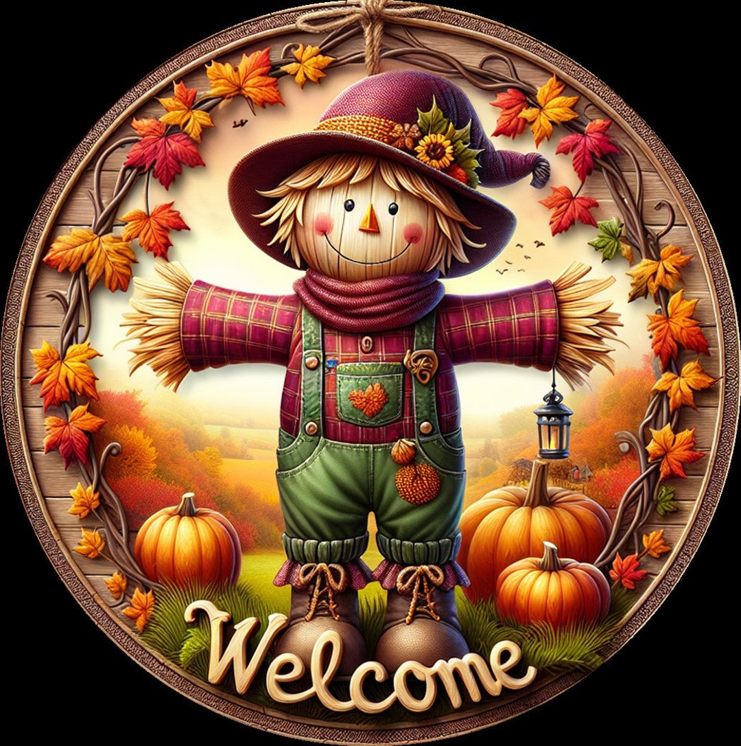Fall Wreath Sign, Autumn Wreath Sign, Welcome Wreath Sign, Scarecrow ...