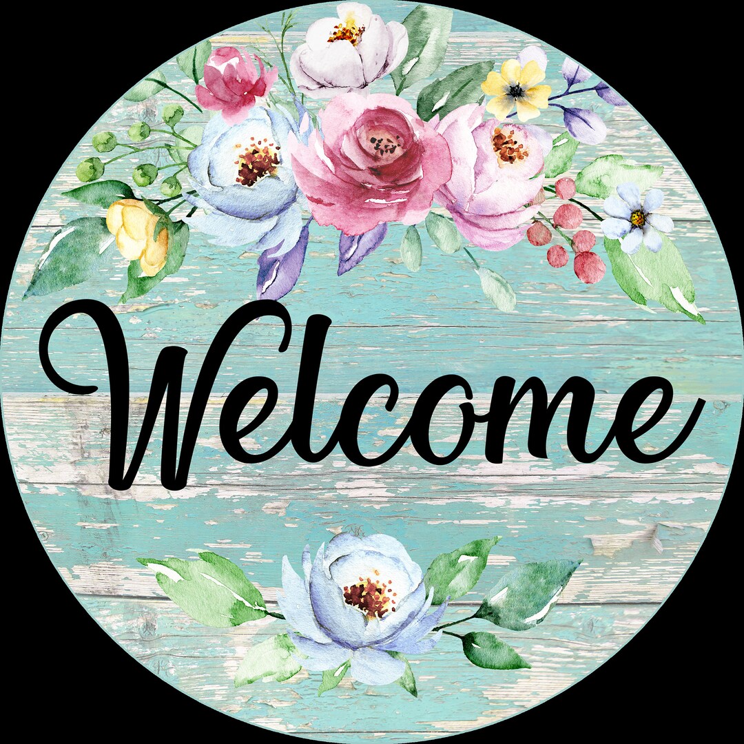 Welcome Pink and Blue Flowers Round Wreath Sign, Wreath Sign, Round ...