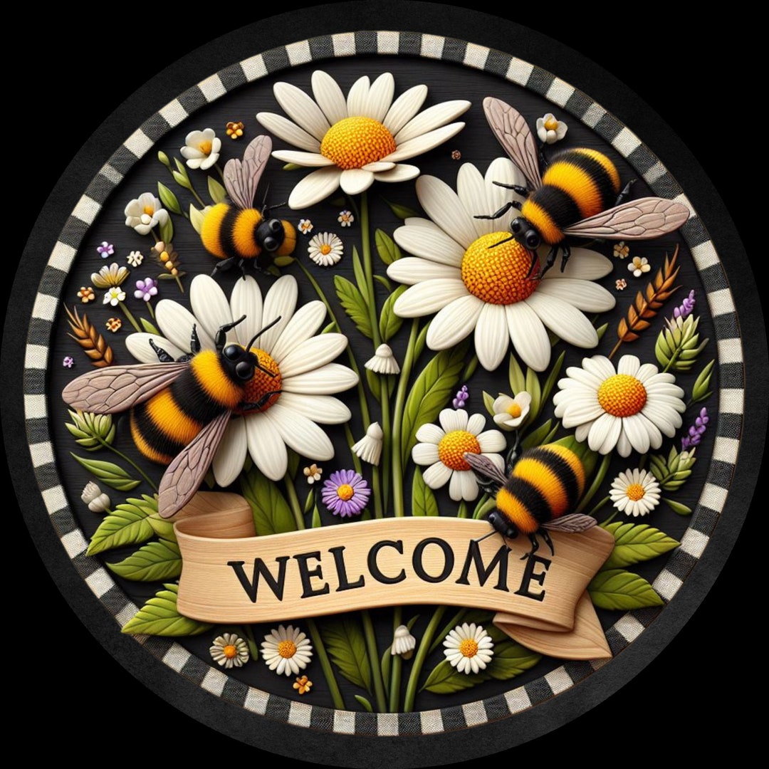 Welcome Bumble Bee Checkered Round Wreath Sign, Wreath Sign, Wreath ...