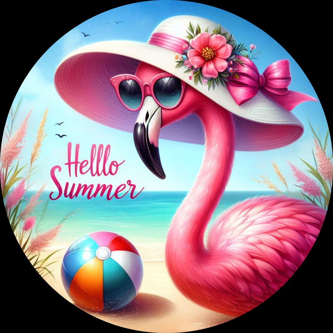 Hello Summer Round Wreath Sign, Pink Flamingo Wreath Sign, Beach Wreath ...