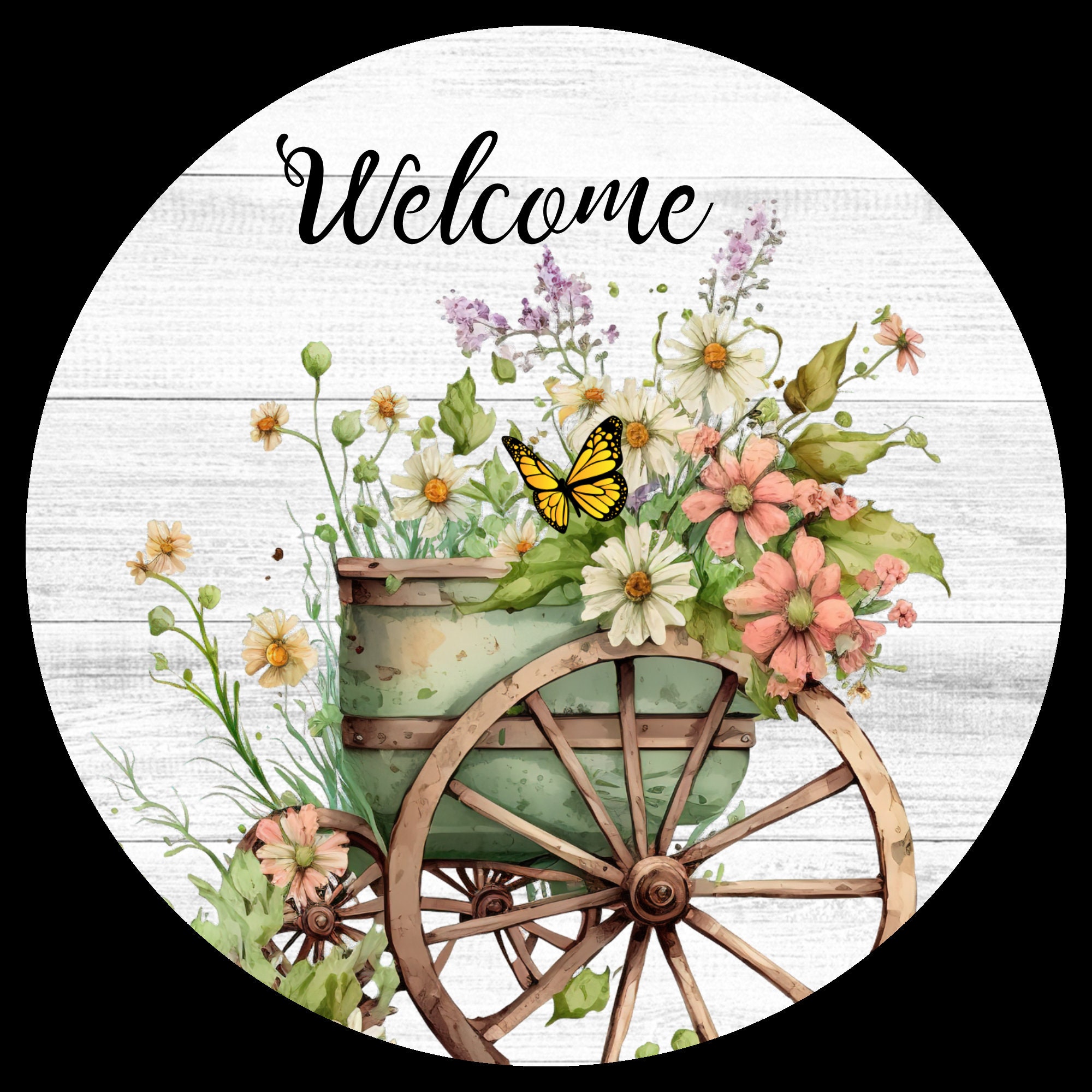 Welcome Floral Wagon Round Wreath Sign, Welcome Wreath Sign, Floral ...