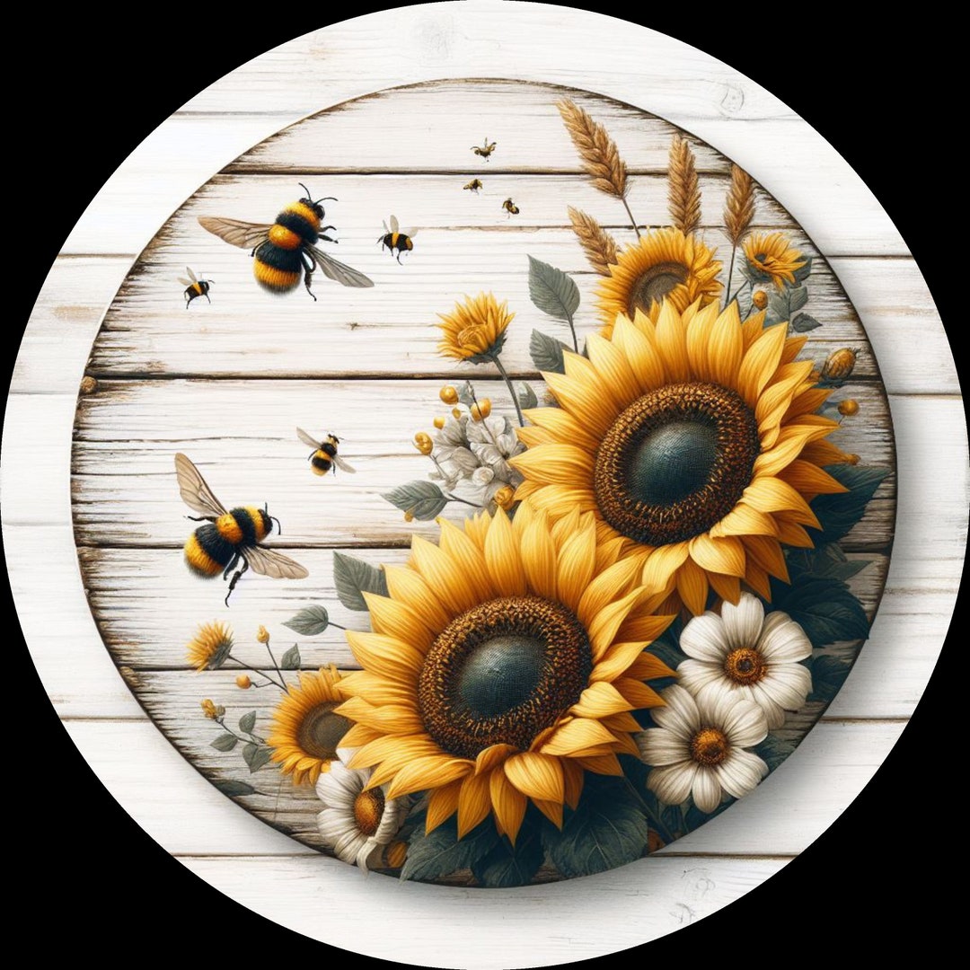 Spring Bumble Bees and Sunflowers Round Wreath Sign, Wreath Sign, Round ...