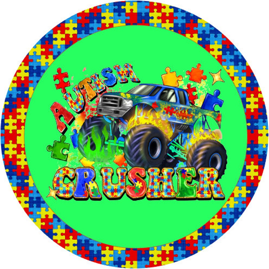 Autism Awareness Round Wreath Sign With Monster Truck, Autism Awareness ...