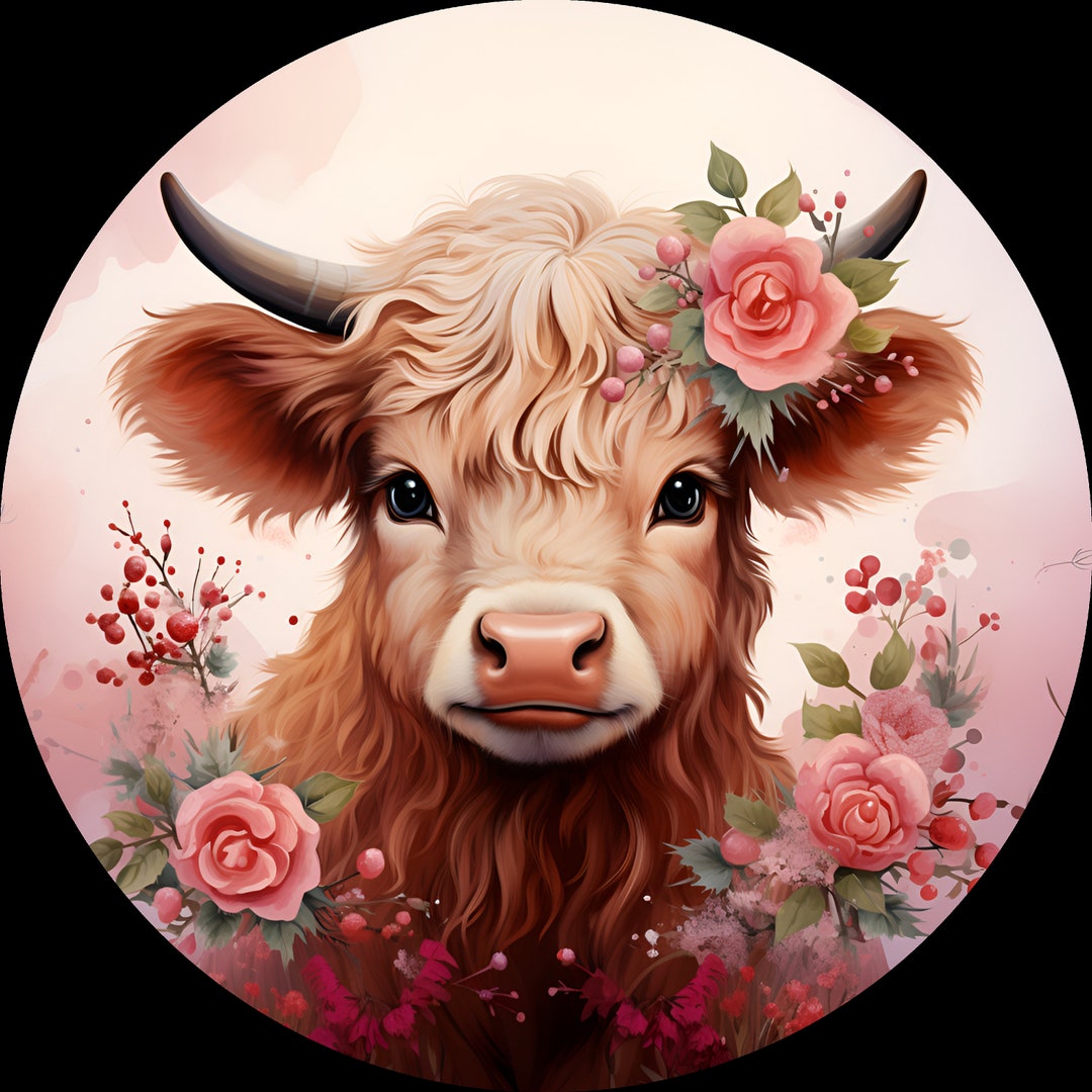 Spring Wreath Sign, Highland Cow Wreath Sign, Pink Floral Wreath Sign ...