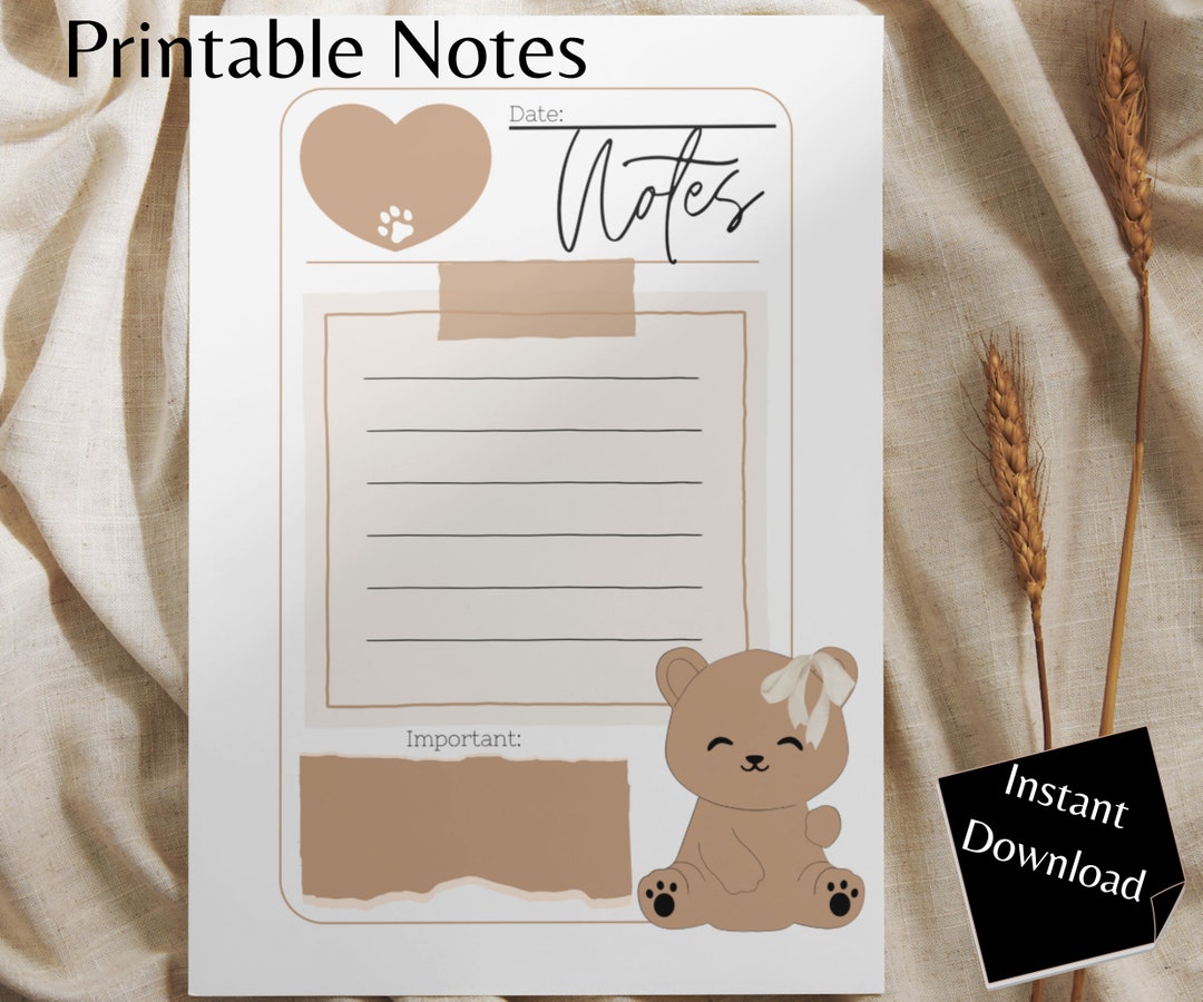 Teddy Bear Printable Note Pages Digital Note Pages Girly - Etsy