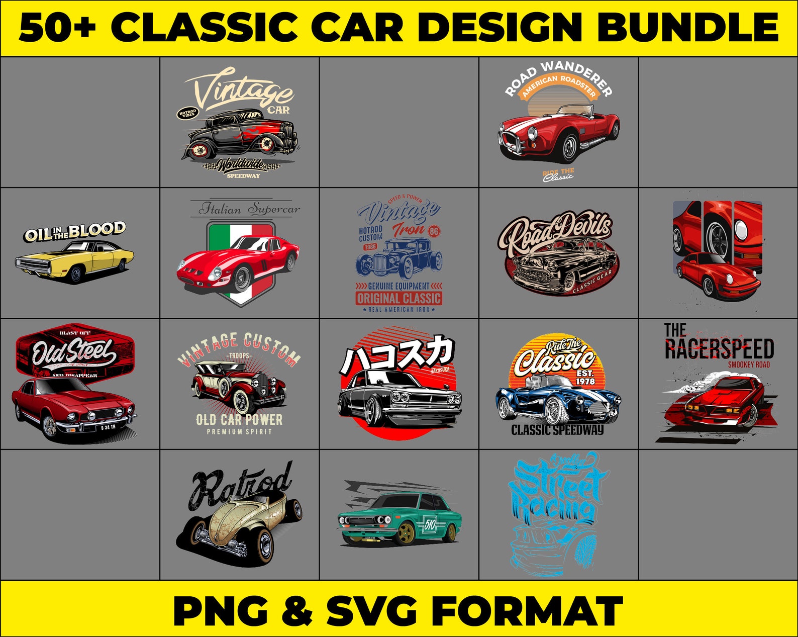 50+ Classic Car Designs Bundle, T-shirt Design Bundle, Streetwear ...