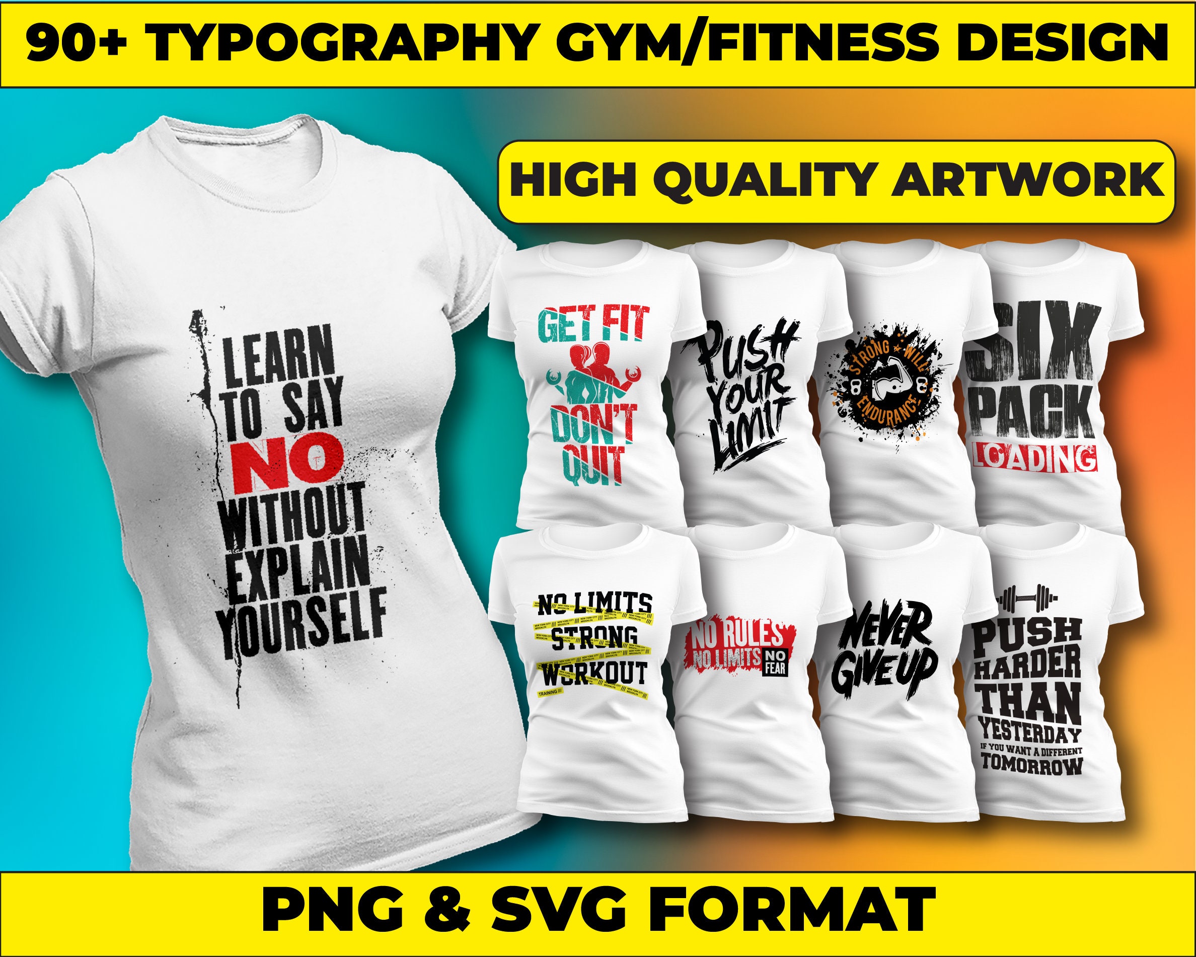 90+ Gym Fitness T-shirt Designs: Streetwear Graphics Bundle (PNG, SVG ...