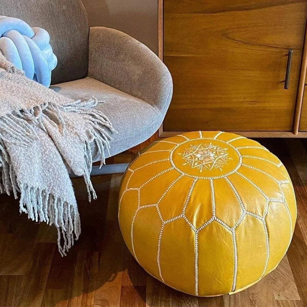 Moroccan POUF White Stitching Leather ,pouf Ottoman ,pouf Morrocan ...