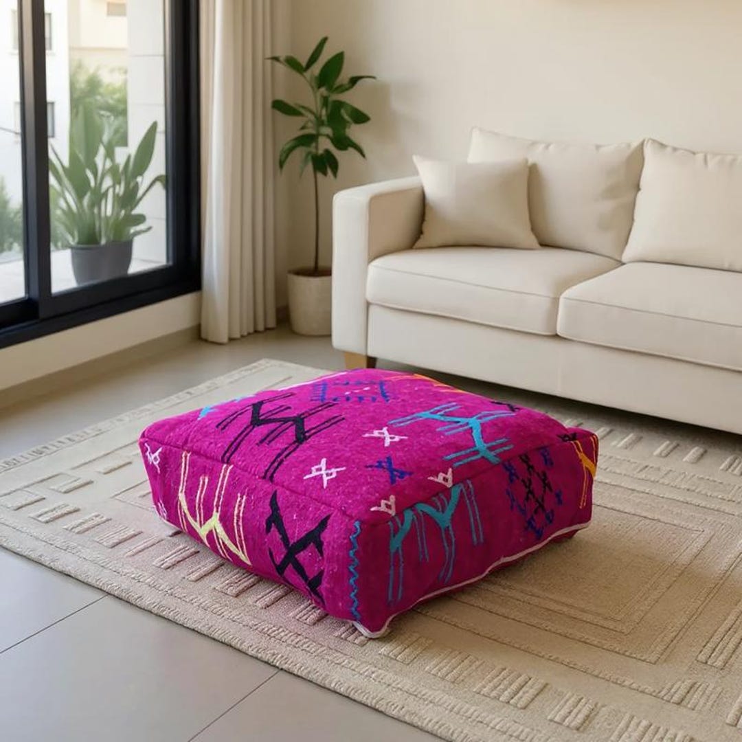 Fuchsia Moroccan Pouf, Hot Pink Floor Cushion, Handmade Berber Ottoman ...