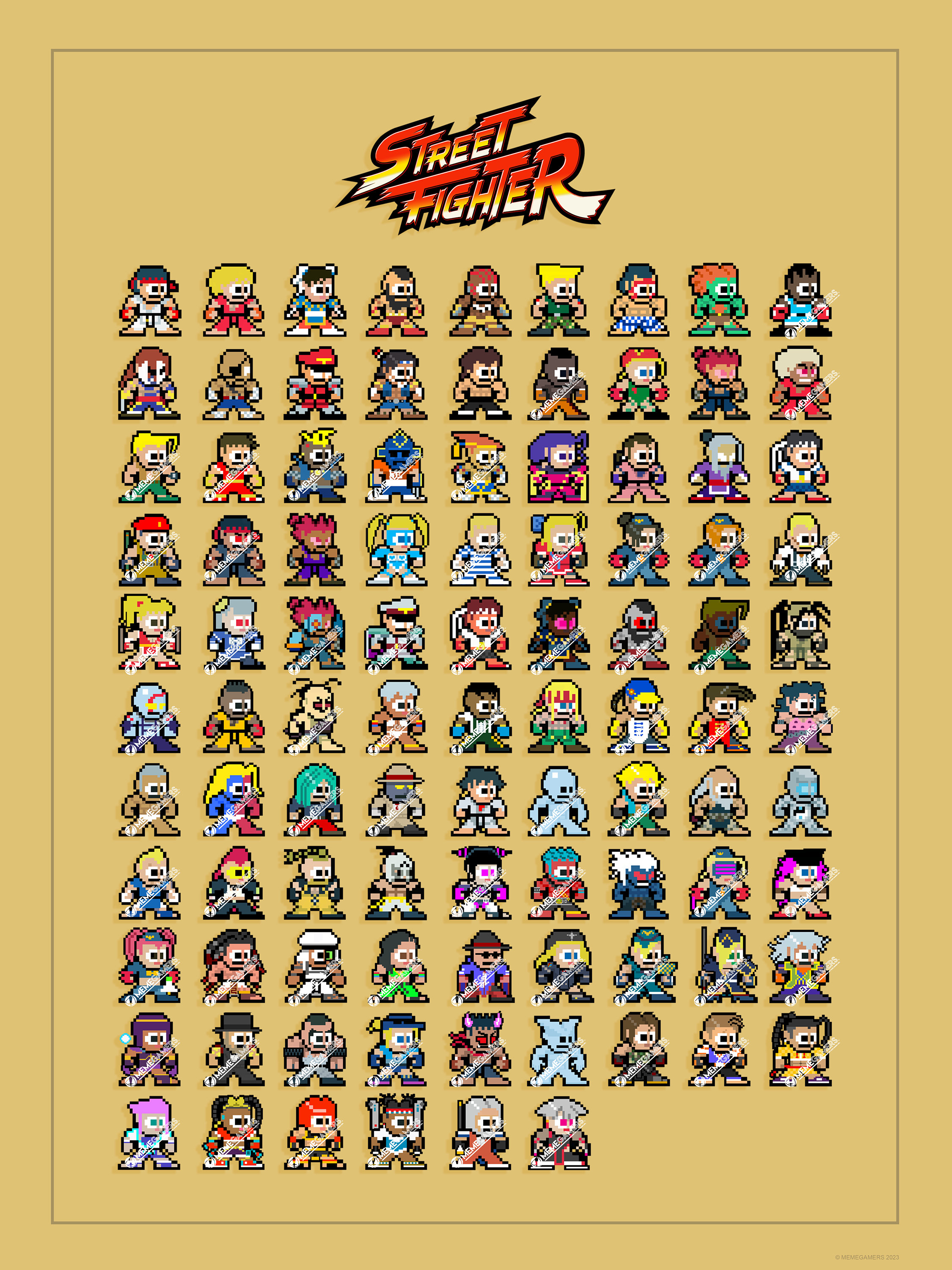 Street Fighter Poster ALL CHARACTERS, Gold Variant, 8bit Retro, Fan ...