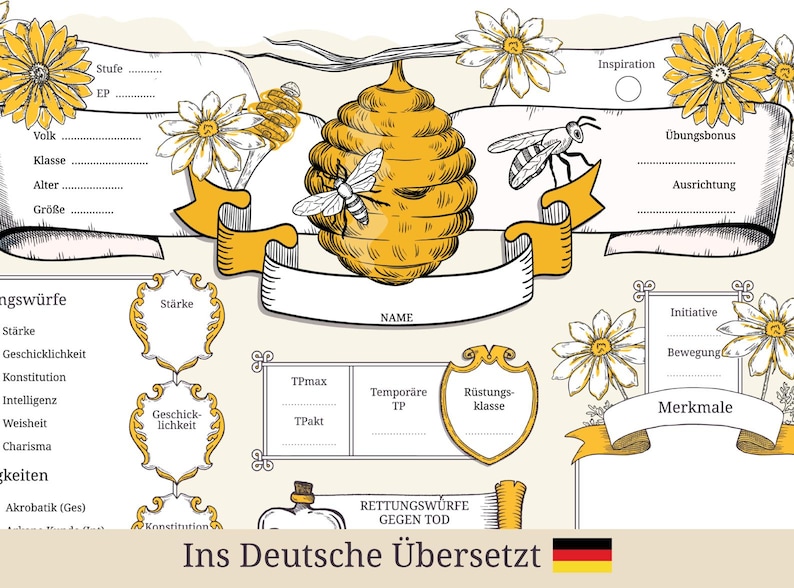 Dnd 5e German Character Sheet: Bee & Honeycomb Theme (printable) - Etsy