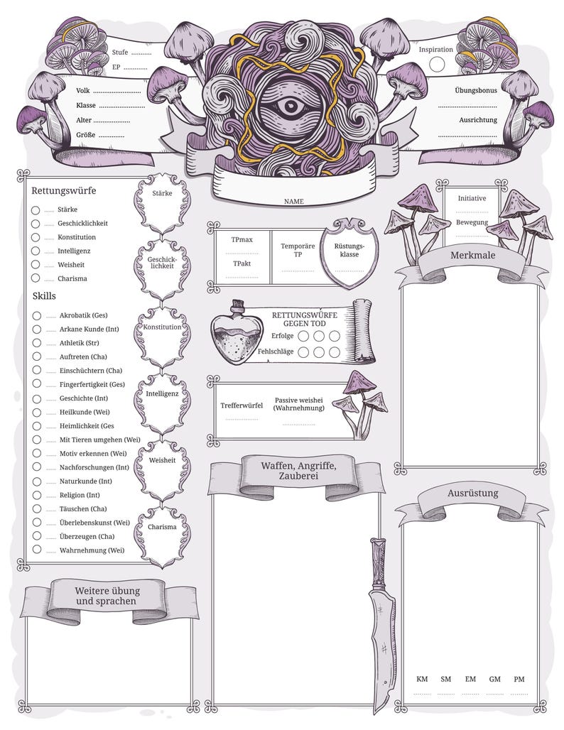 Mystical German Dnd 5e Character Sheet, Warlock Wizard Sheet (printable ...