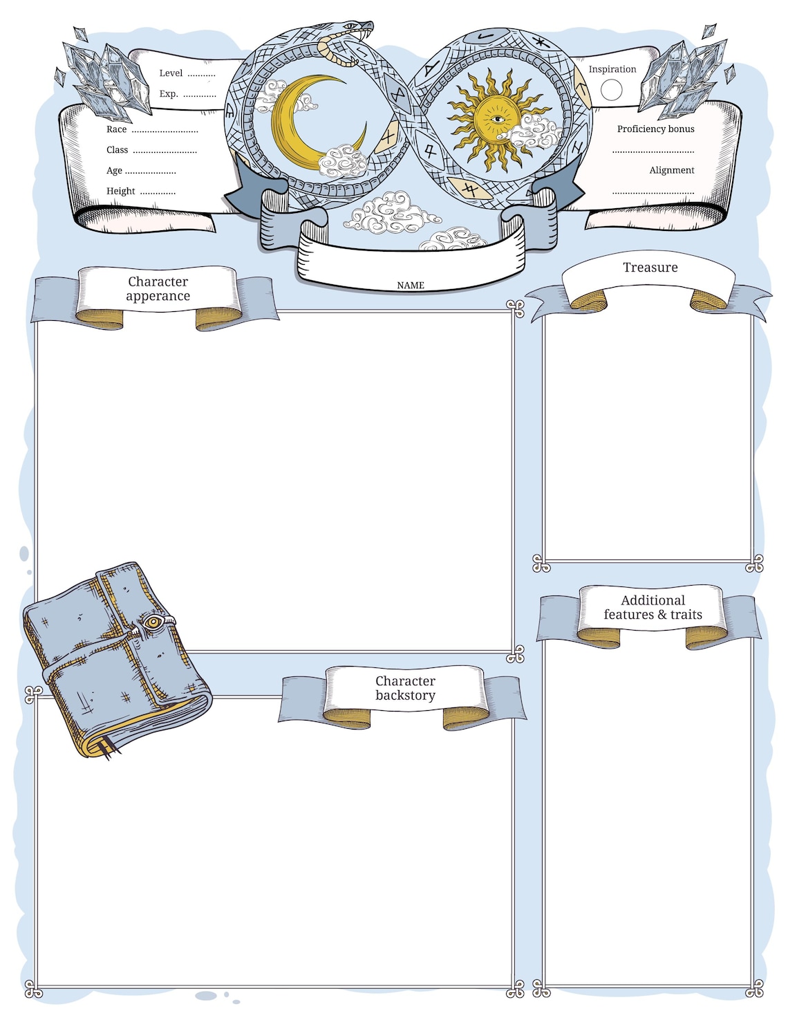Ouroboros Dnd Character Sheet – Mystical Snake, Moon & Sun (printable ...