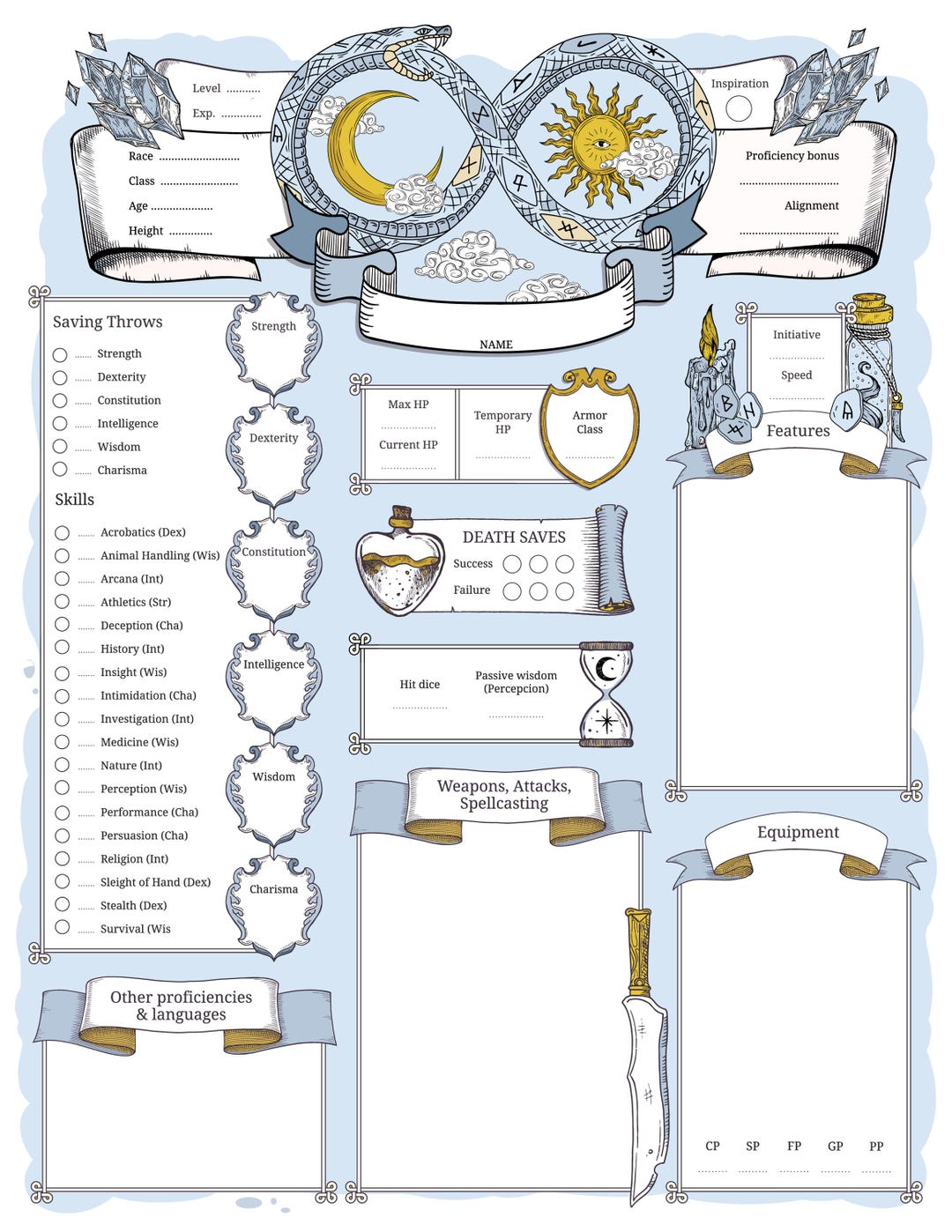 Ouroboros Dnd Character Sheet – Mystical Snake, Moon & Sun (printable ...