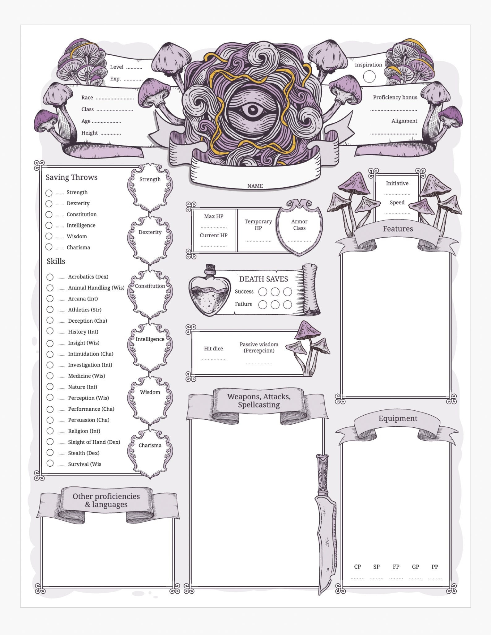 D&D Character Sheets Mushrooms, Mystical, Purple Theme Printable Dnd 5e ...