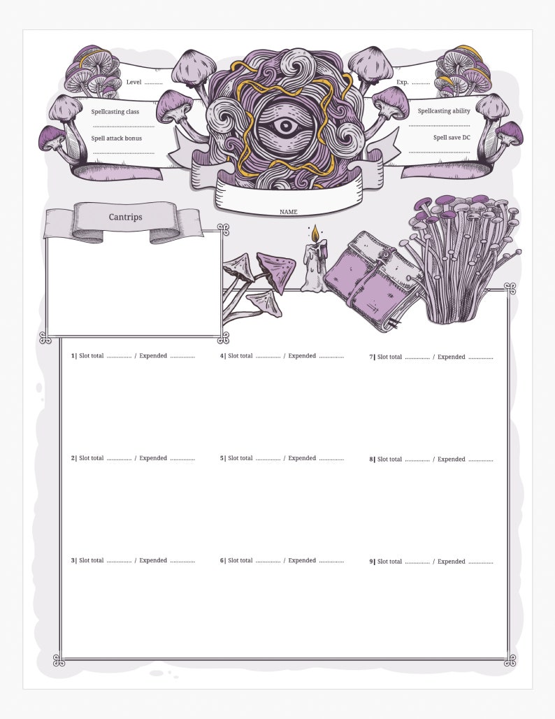 Mystical Dnd Character Sheet – Mushrooms, Eldritch Eye & Purple Magic ...