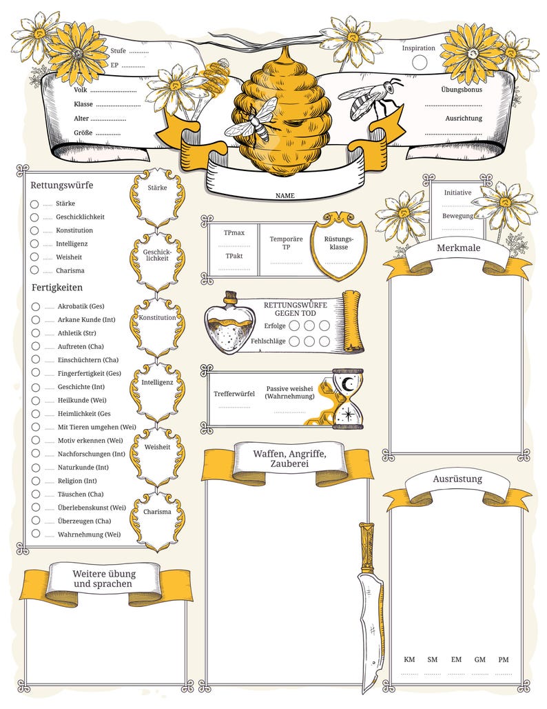 Dnd 5e German Character Sheet: Bee & Honeycomb Theme (printable) - Etsy