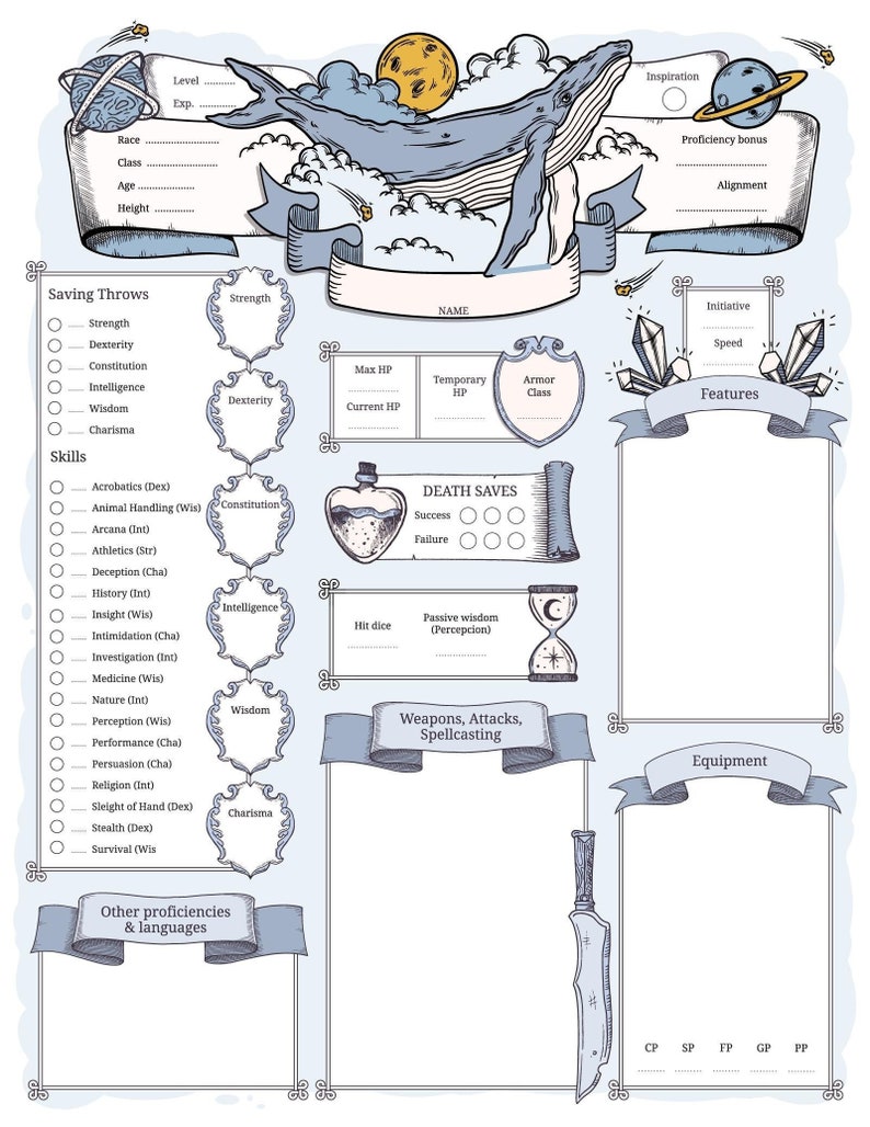 Mystical Dnd Character Sheet – Space Whale & Cosmic Fantasy | Printable ...