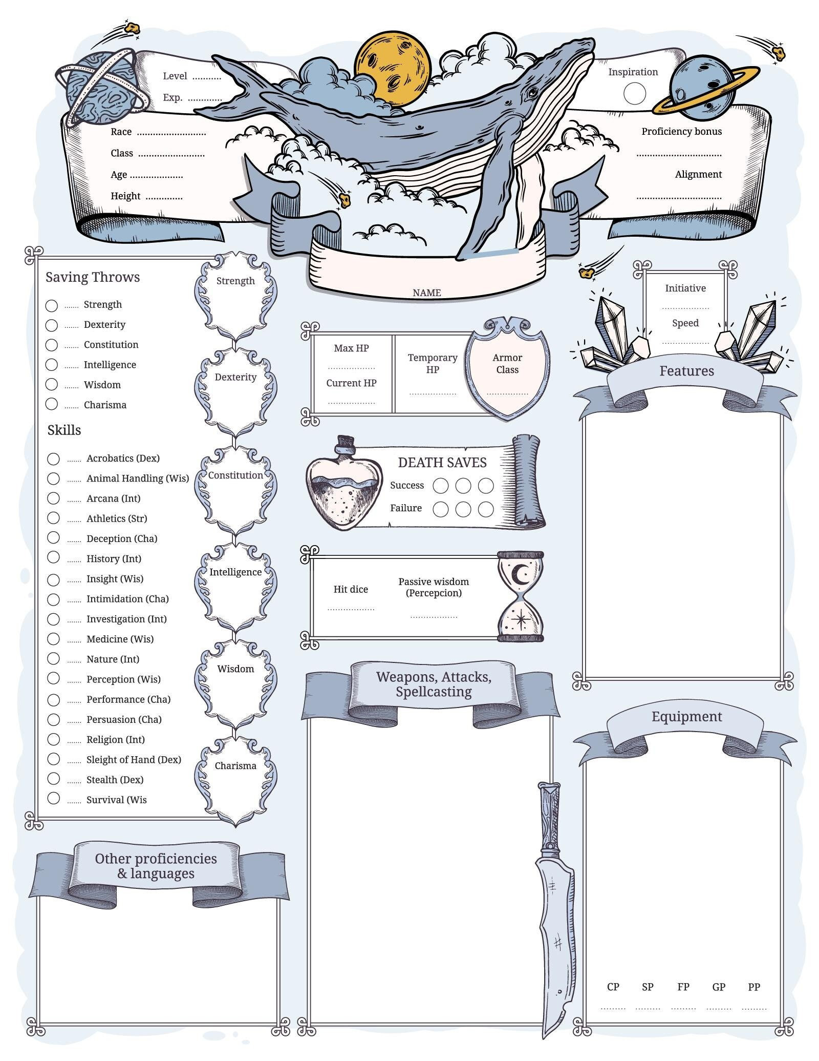 Mystical Dnd Character Sheet – Space Whale & Cosmic Fantasy | Printable ...