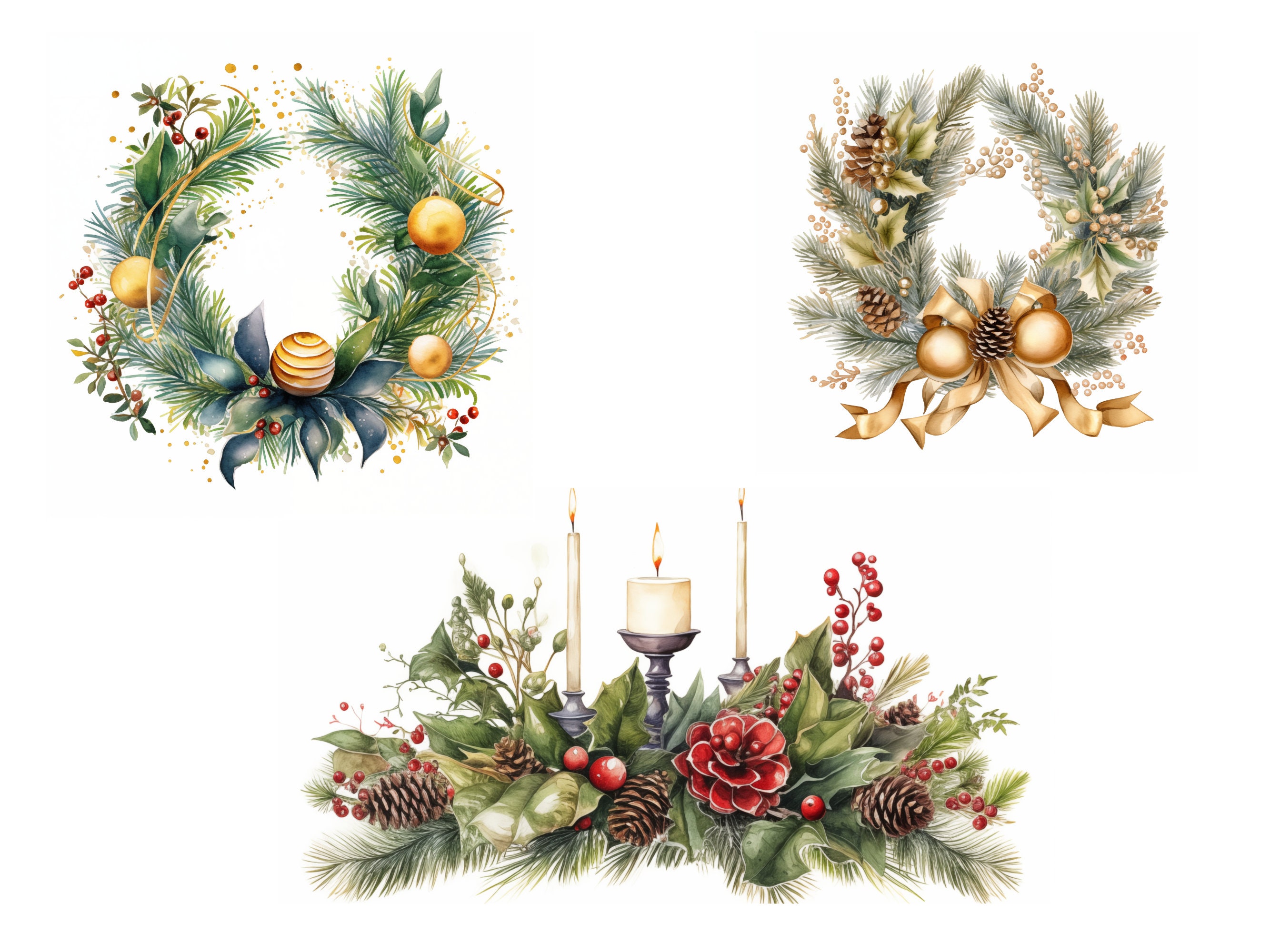 Watercolor Christmas Clipart Wreath Bells Balls Bouquet - Etsy