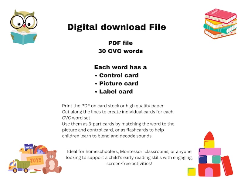 30 CVC Words Montessori 3-part Card Set - Digital PDF Download With ...