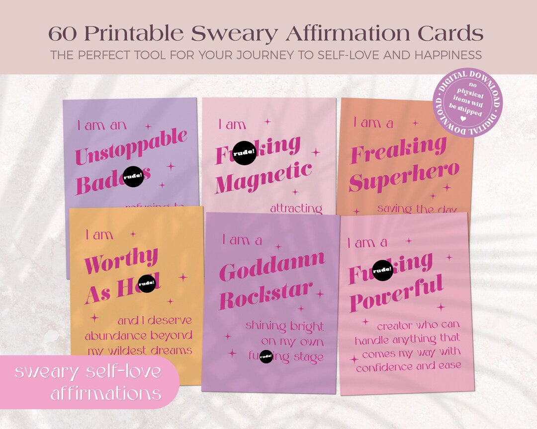 Sweary Affirmation Cards, Printable Affirmation Cards Pink, Self-love ...