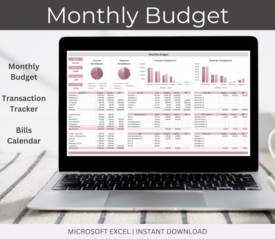 Monthly Budget Spreadsheet Template for Microsoft Excel Plus - Etsy ...