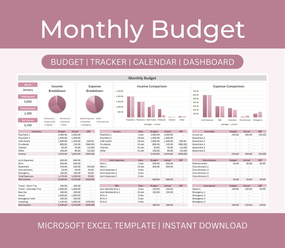 Monthly Budget Spreadsheet Template for Microsoft Excel Plus ...