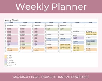 Basic Weekly Planner Excel Template, Excel Template for Weekly Planning ...