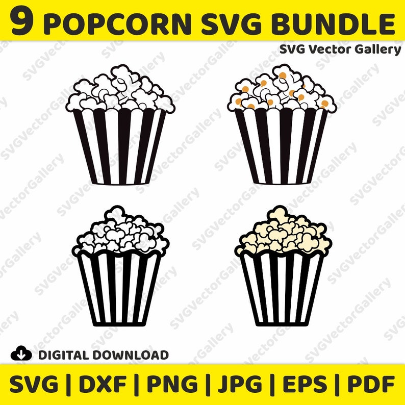 9 Popcorn SVG Bundle, Clipart, Image, Silhouette, Vector, Svg, Dxf, Png ...