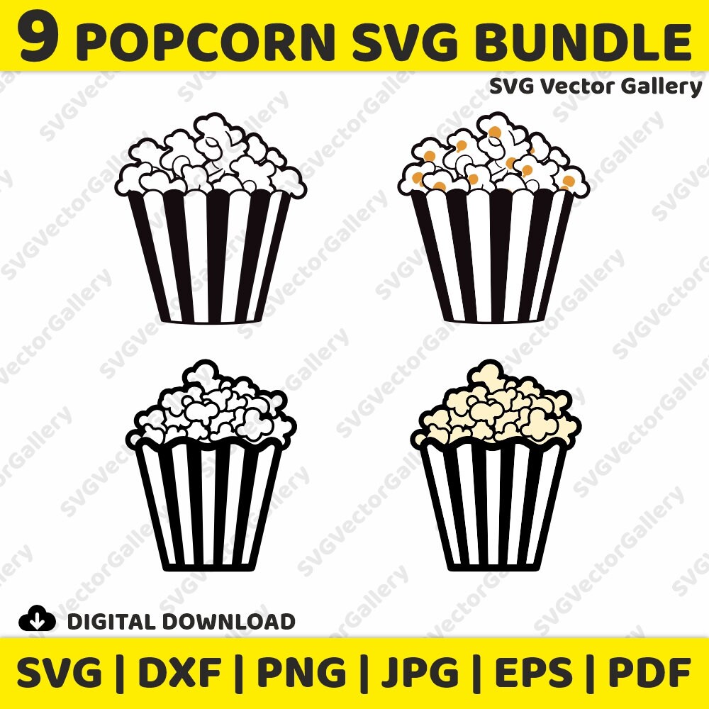 9 Popcorn SVG Bundle, Clipart, Image, Silhouette, Vector, Svg, Dxf, Png ...