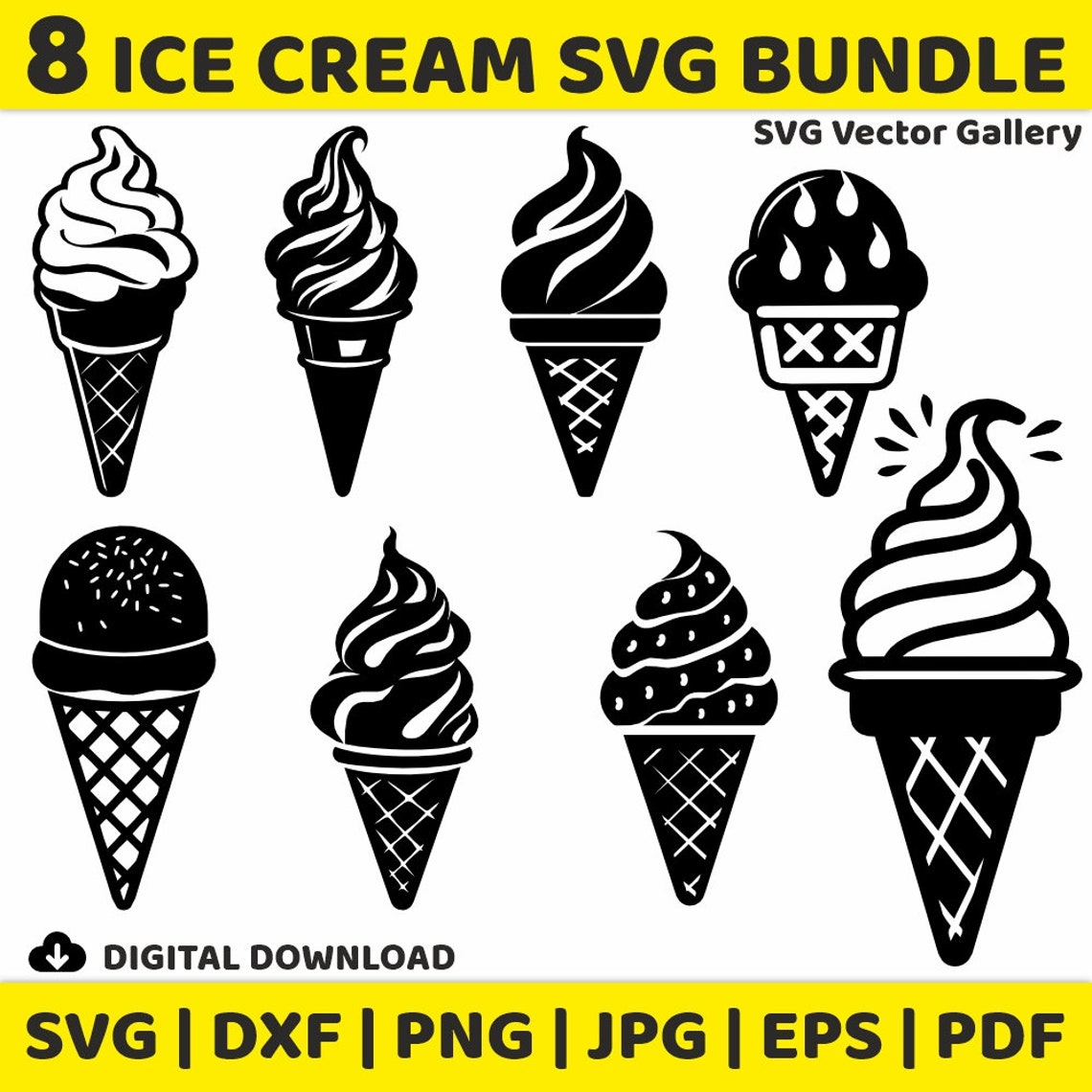 8 Ice Cream SVG Bundle, Clipart, Image, Silhouette, Vector, Svg, Dxf ...