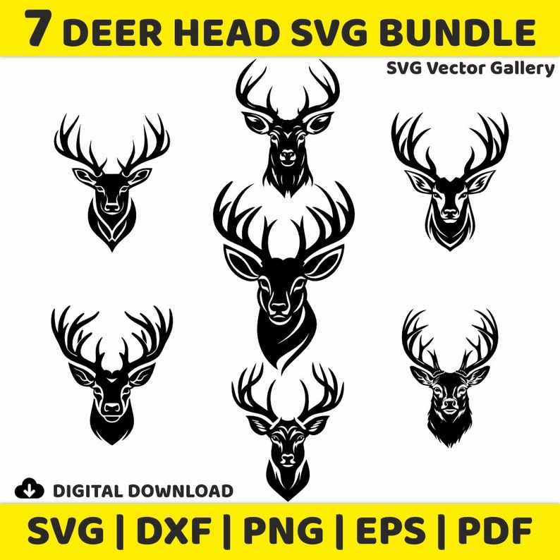 7 Deer Head SVG Bundle, Clipart, Image, Silhouette, Vector, Svg, Dxf ...
