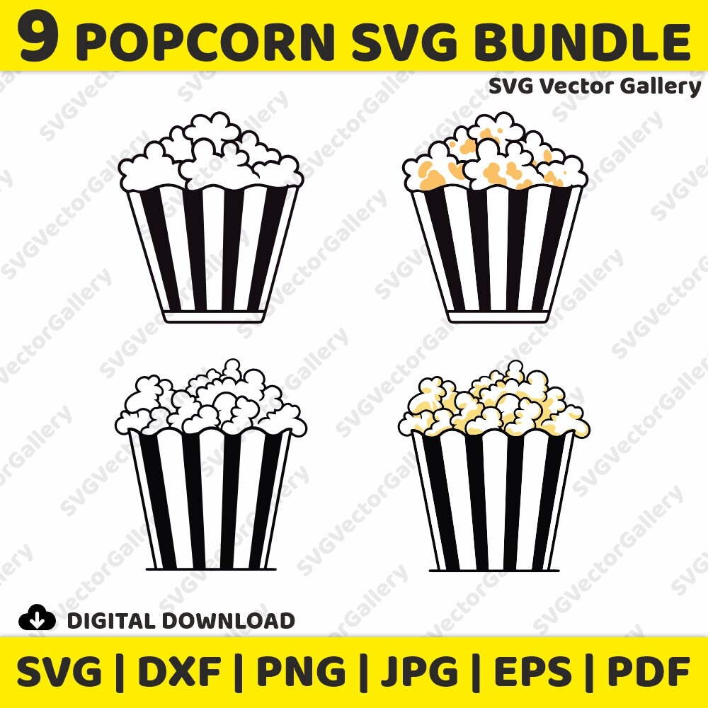 9 Popcorn SVG Bundle, Clipart, Image, Silhouette, Vector, Svg, Dxf, Png ...