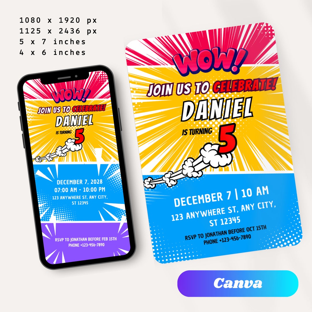 Comic Birthday Invite | Superhero | Editable Digital Template ...