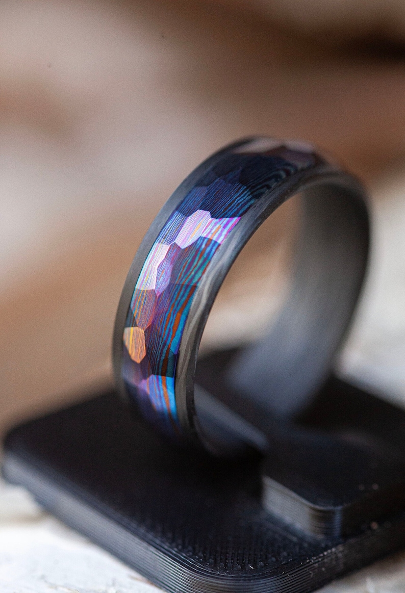 Carbon Fiber Mens Ring With Titanium Damascus ( Timascus ) Faceted ...