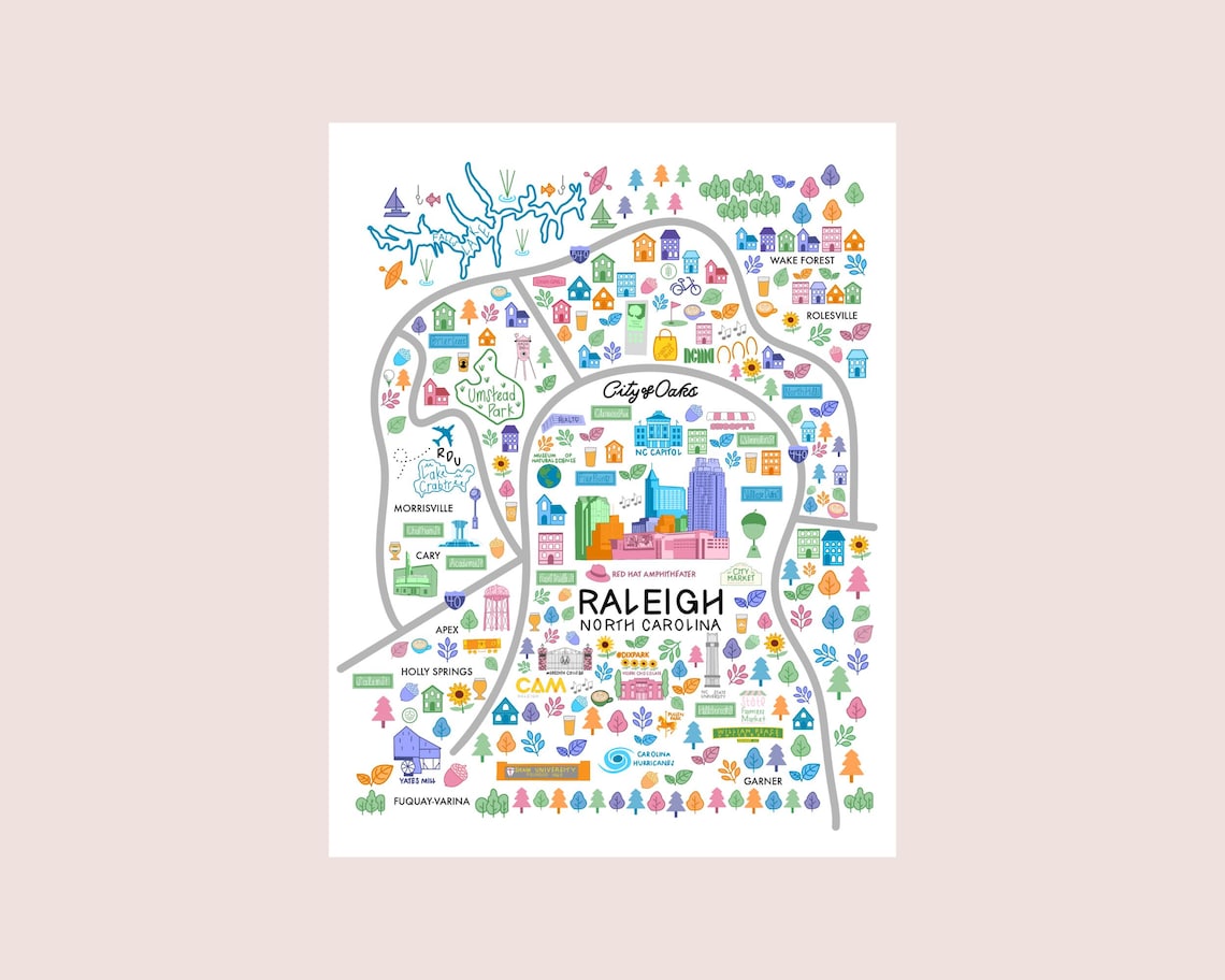 Raleigh Illustrated Map Art Print - Etsy