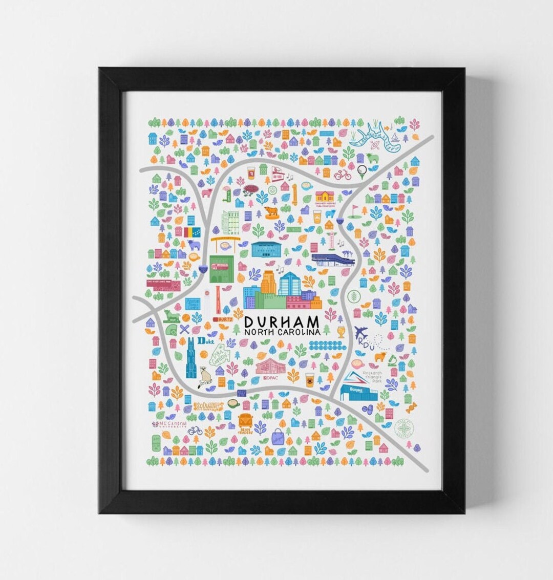 Durham North Carolina Illustrated Map Art Print - Unique Cityscape ...