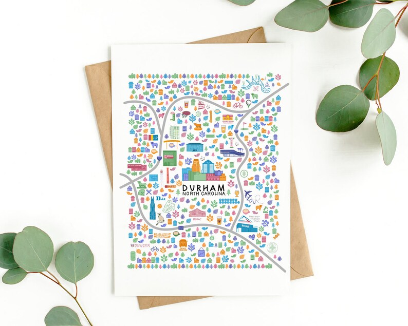 Durham North Carolina Illustrated Map Art Print - Unique Cityscape ...
