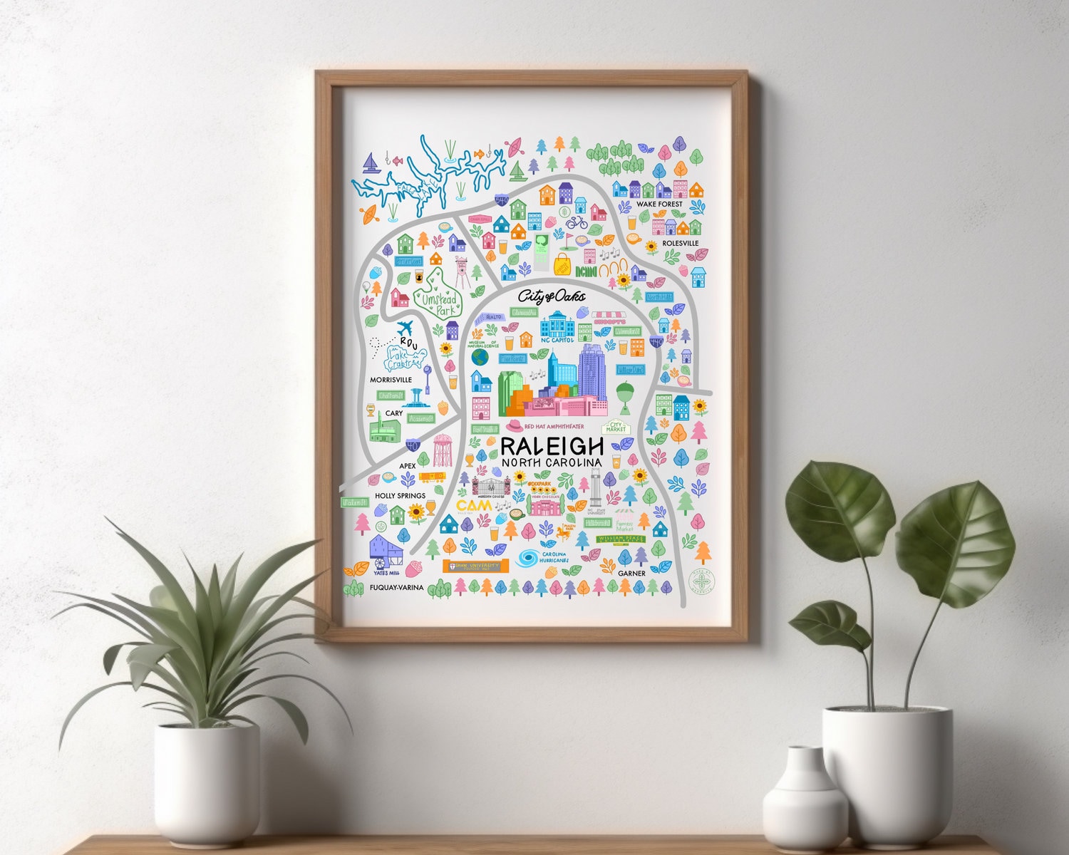 Raleigh Illustrated Map Art Print - Vibrant North Carolina Cityscape ...