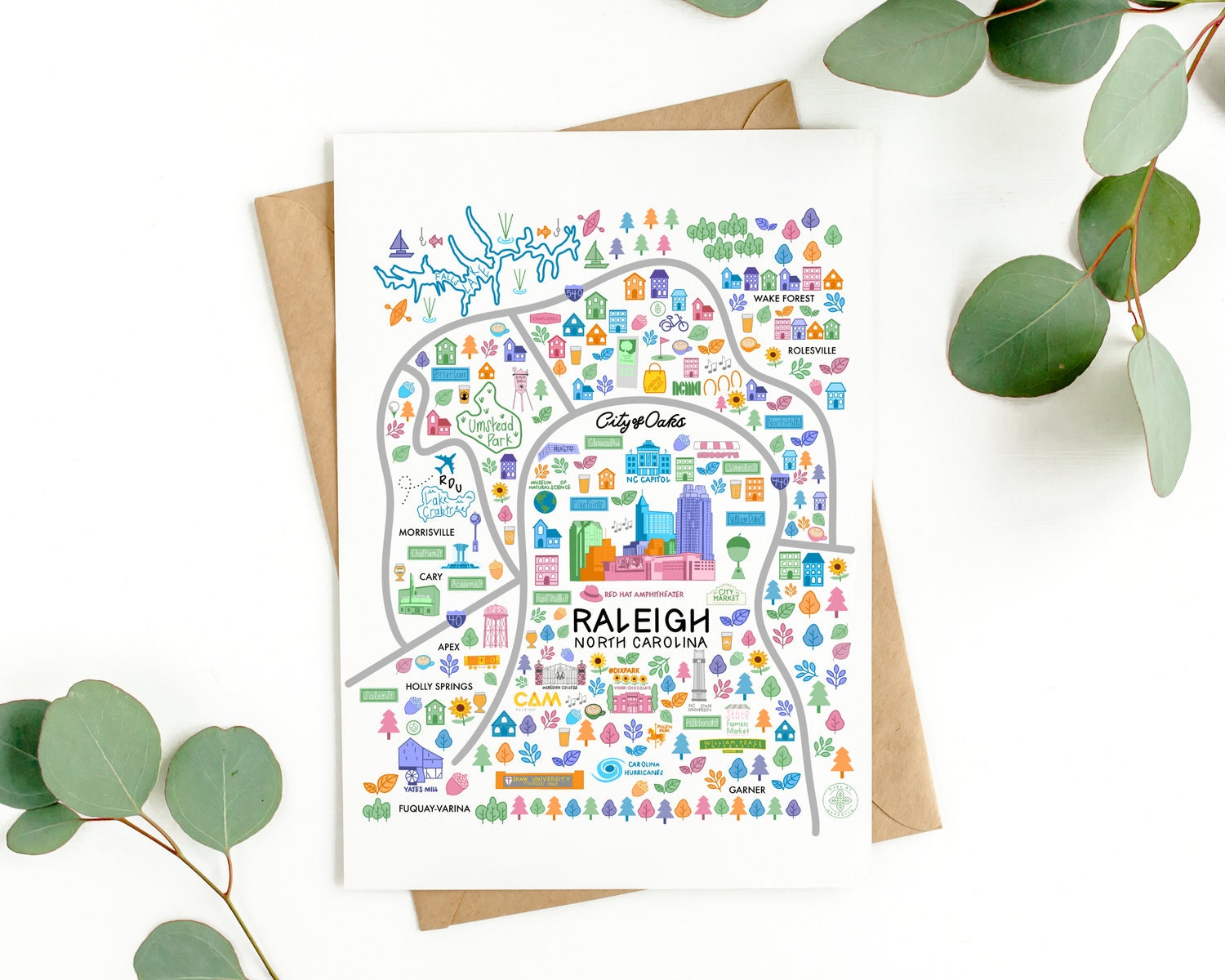 Raleigh Illustrated Map Art Print - Vibrant North Carolina Cityscape ...