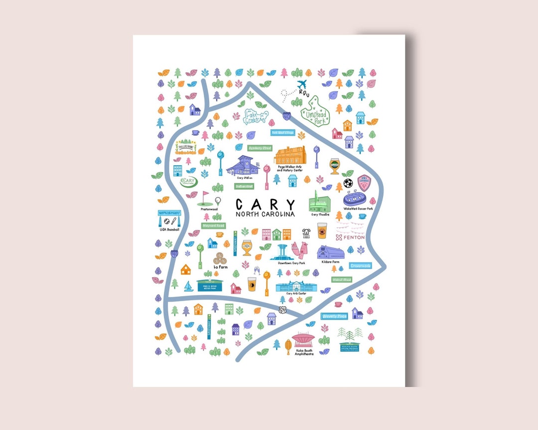 Cary North Carolina Illustrated Map Print - Cary Art Print ...